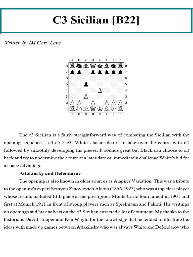 Gary Lane - c3 Sicilian (B22) (Alapin Variation) | PDF | Chess Openings ...