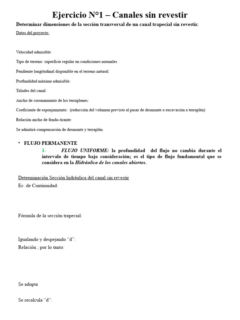 Ejercicio N°1 - Canales Sin Revestir - 2024 | PDF