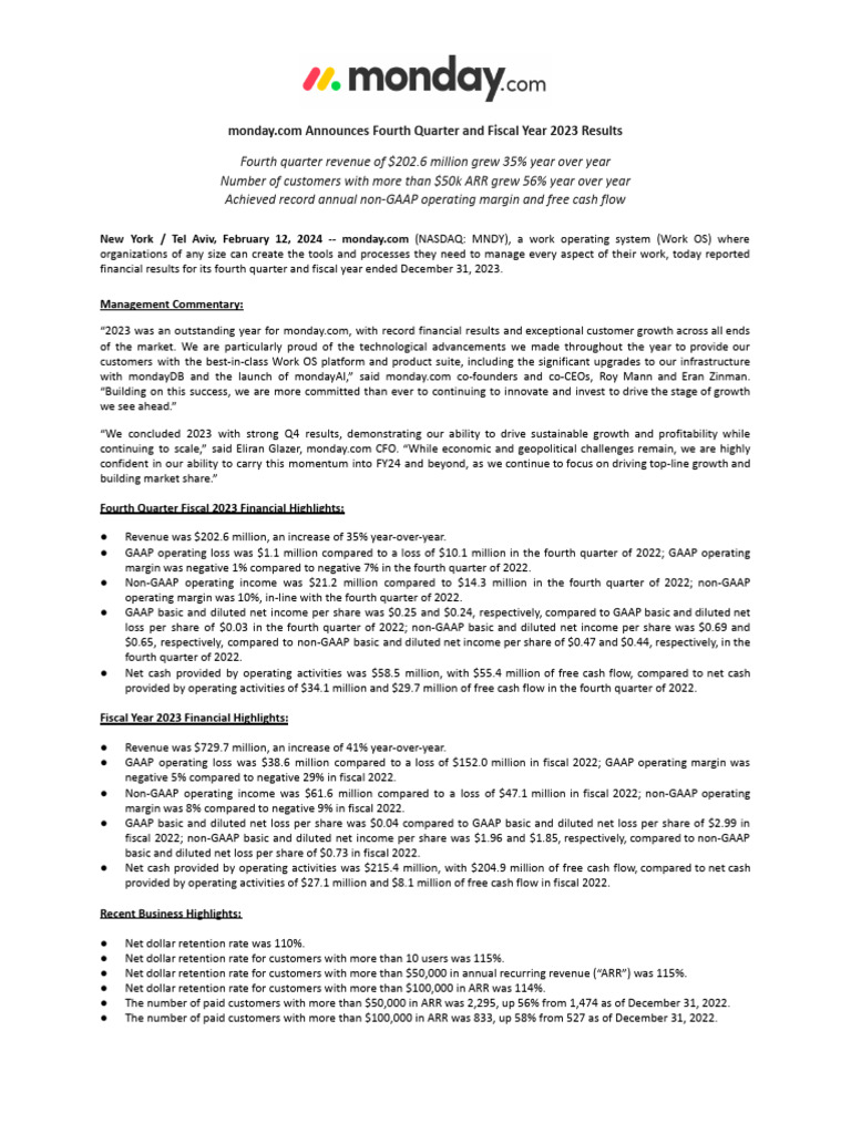 Q4 23 PR Monday Com Feb2024 | PDF | Expense | Income