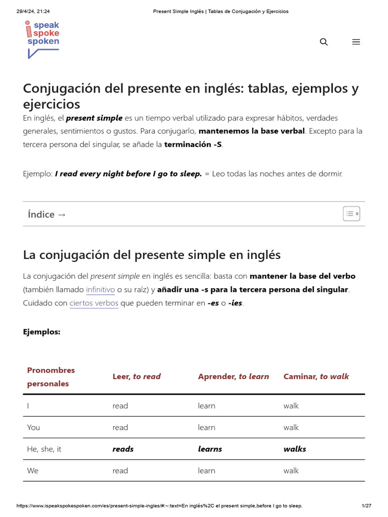 Present Simple Inglés _ Tablas de Conjugación y Ejercicios | PDF ...