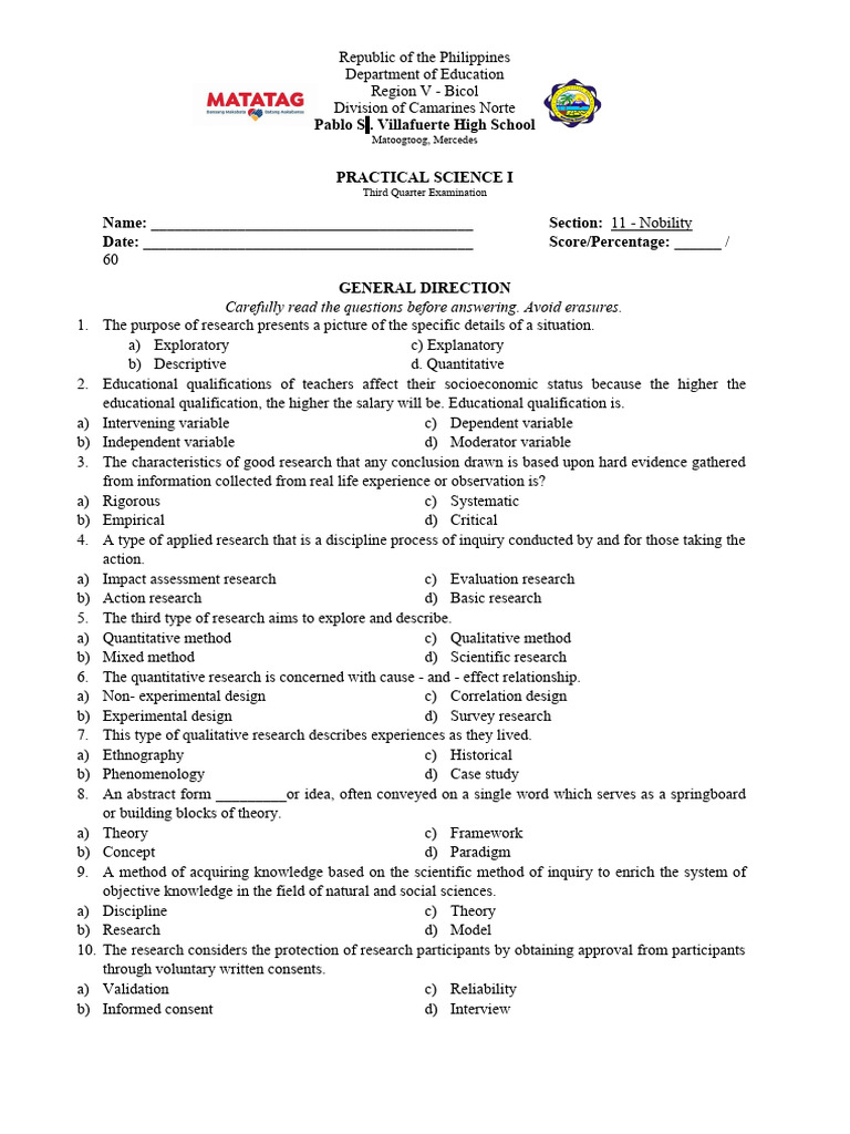Practical Research 1 Exam | PDF | Citation | Hypothesis