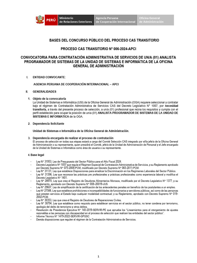 Bases Proceso Cas Transitorio N 006 2024 Apci Analista Programador de ... Bases Proceso Cas Transitorio N 006 2024 Apci Analista Programador de ...