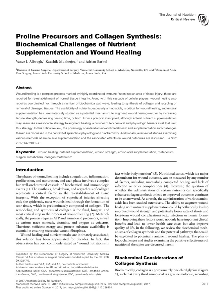 Proline Precursors and Collagen Synthesis Biochemical Challenges of Nutrient Supplementation and ...