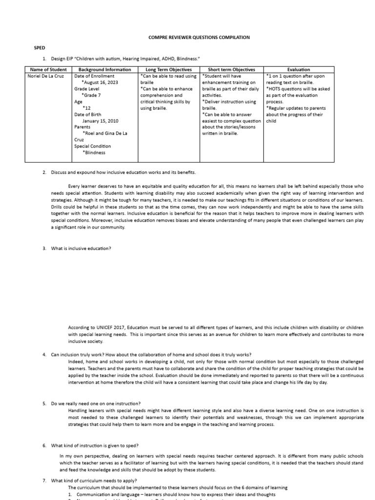 Compre Reviewer Questions Compilation | PDF | Learning | Inclusion ...