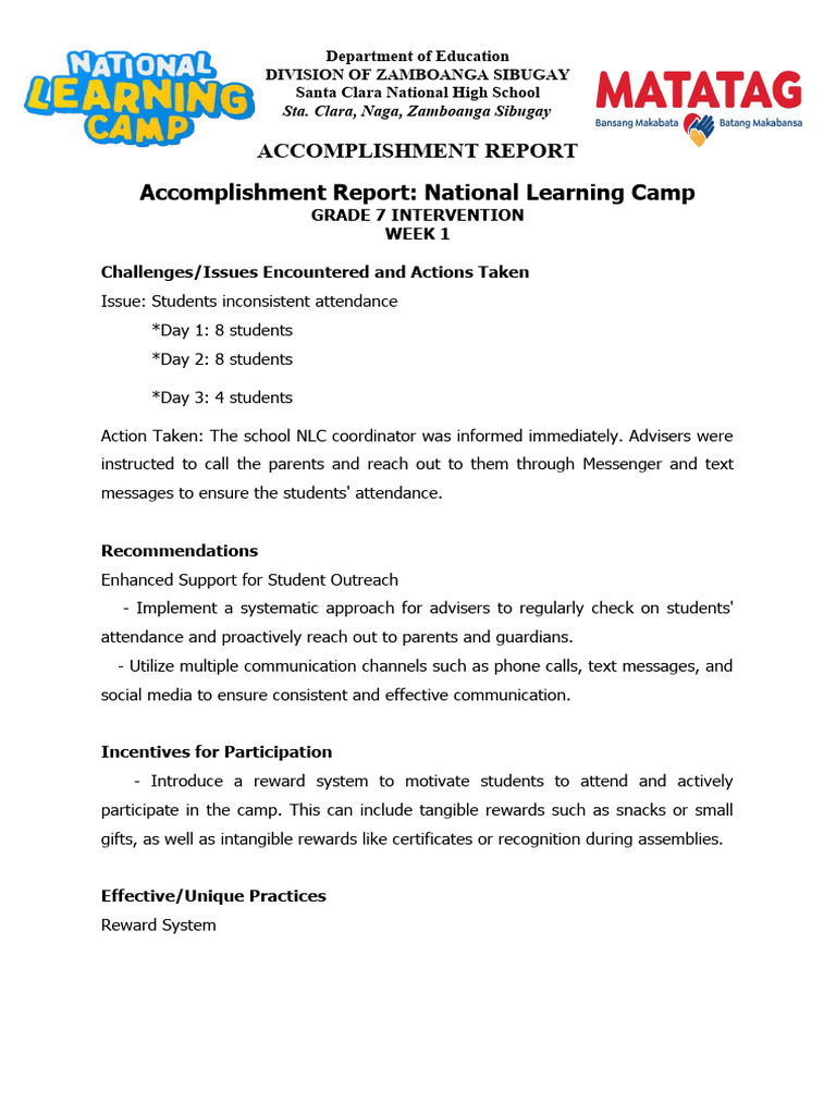 Accomplishment Report - National Learning Camp | PDF | Learning ...