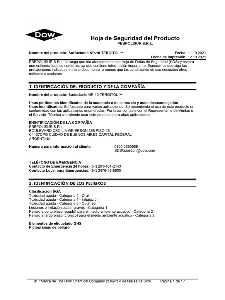 Tergitol NP-10 - Hoja de Seguridad-1 | PDF | Agua | Solubilidad