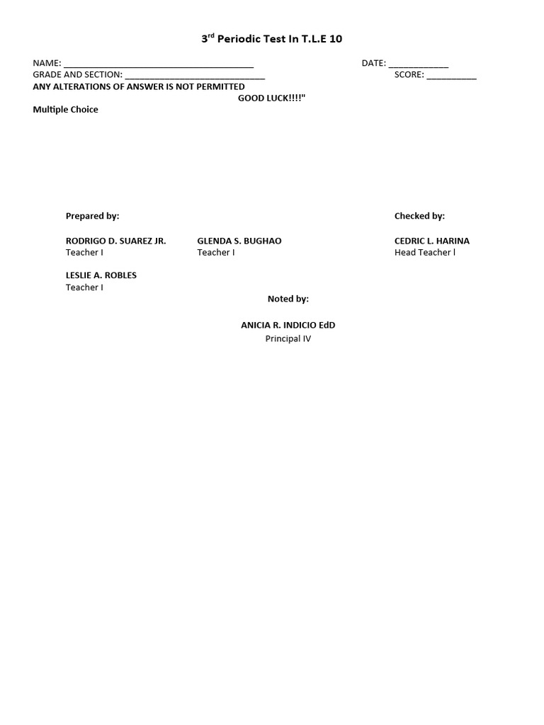 3rd Periodic Test in Tle10 | PDF