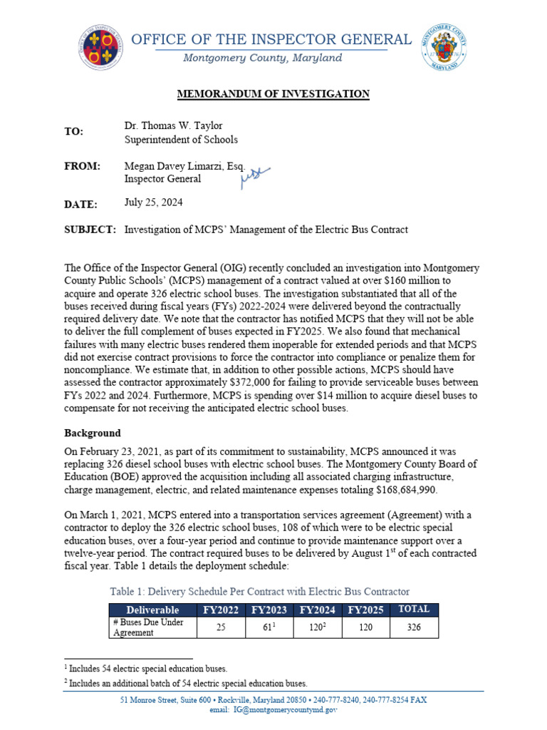 MOI-FY25 MCPS Electric Bus Fleet IG Memorandum of Investigation | PDF ...