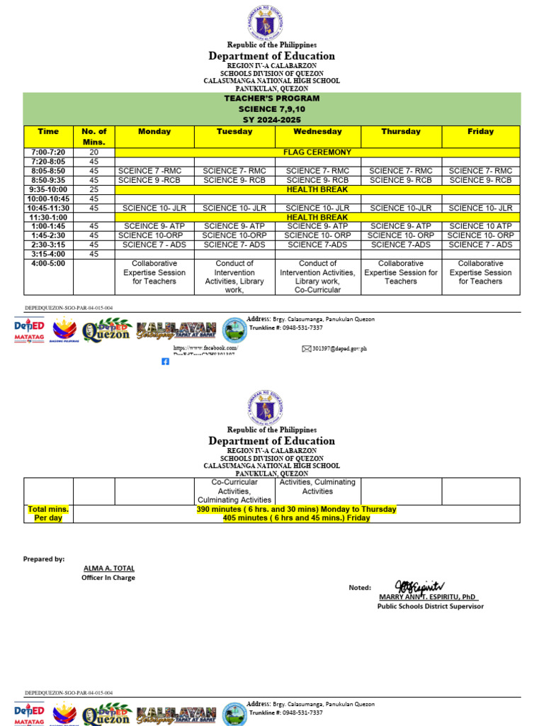 Science Class Schedule SY 2024-2025 | PDF