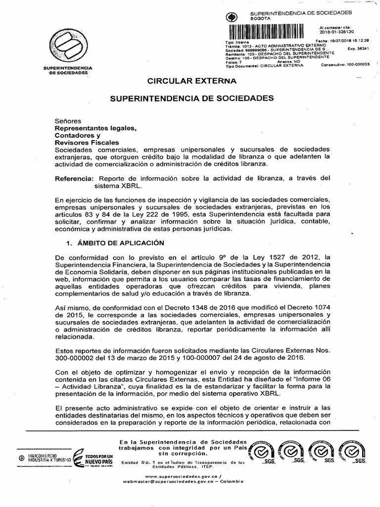 Circular Externa 100-000003 Del 19 de Julio de 2018 | PDF ...