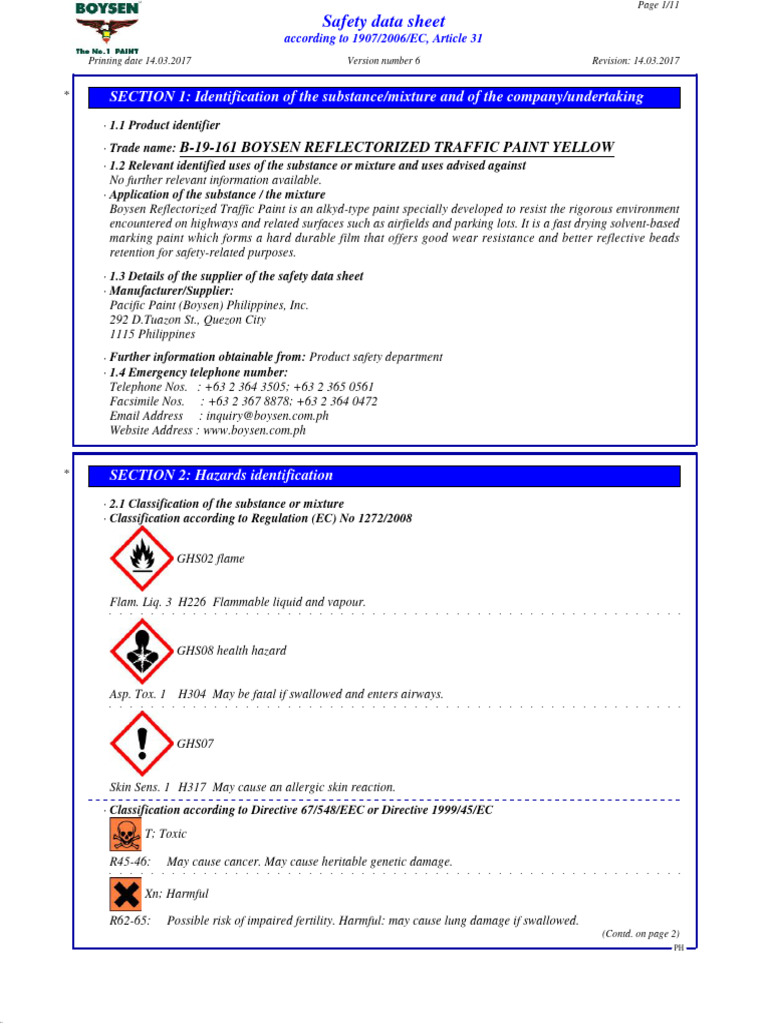 Boysen Reflectorized Traffic Paint Yellow | PDF | Toxicity | Dangerous ...