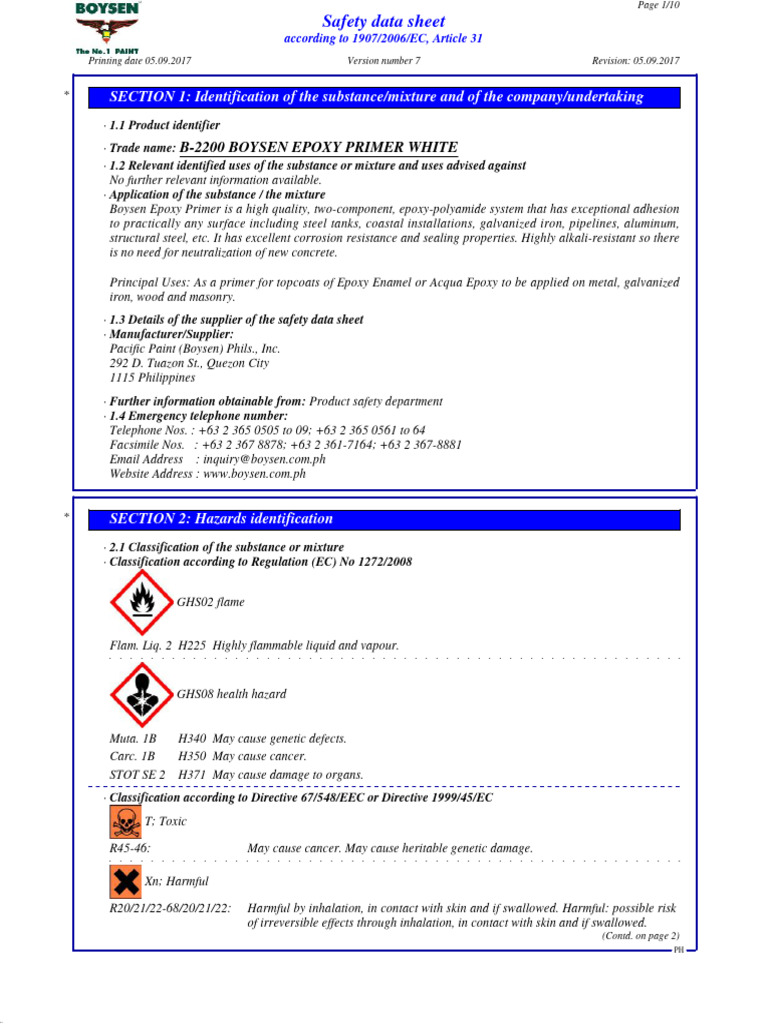 Boysen B-2200 Epoxy Primer Safety Data | PDF | Toxicity | Dangerous Goods