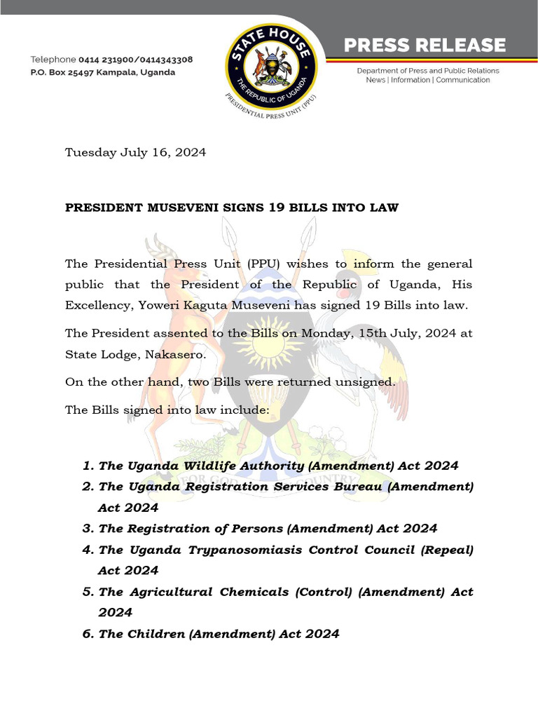 Museveni Signs 19 Bills into Law 2024 | PDF