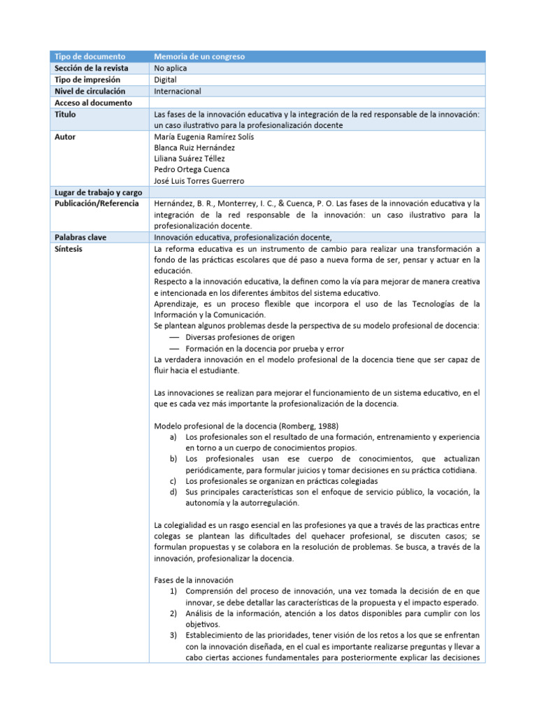 Tabla 1 Modelo RAE - Fases de La Innovación Educativa | PDF | Enseñando | Innovación