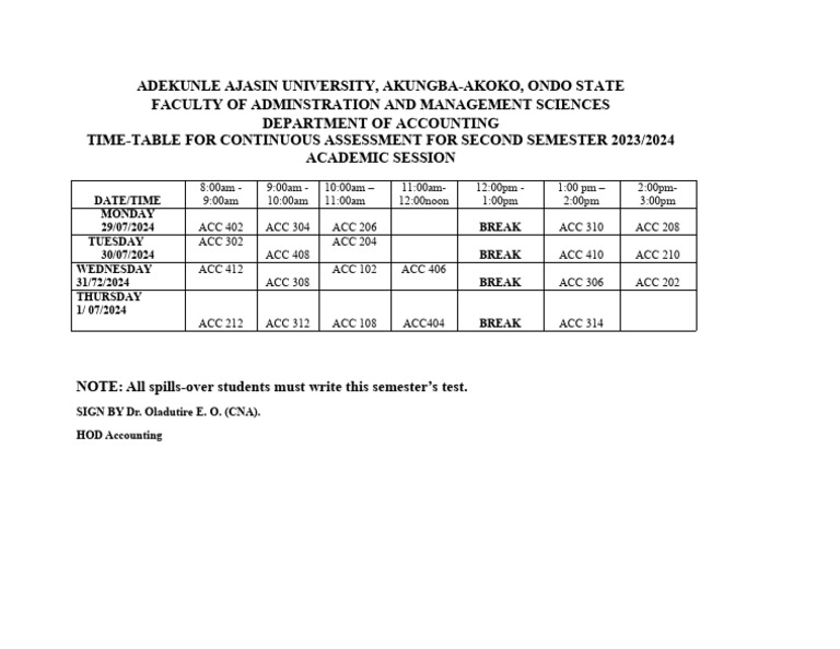 Test Timetable For Second Semester 20232024-1 | PDF