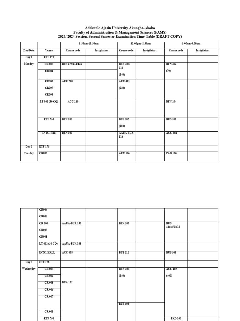 Second Semester Examination Time Table | PDF