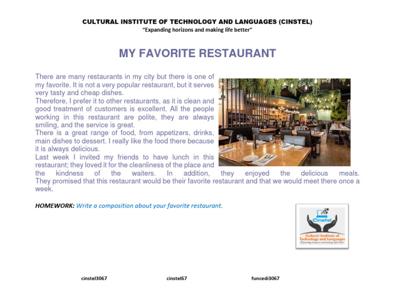 MY FAVORITE RESTAURANT, Composition | PDF | Cooking, Food & Wine | Wellness