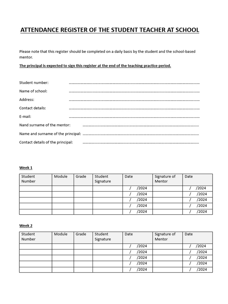 Attendance Register | PDF | Teaching | Educational Personnel