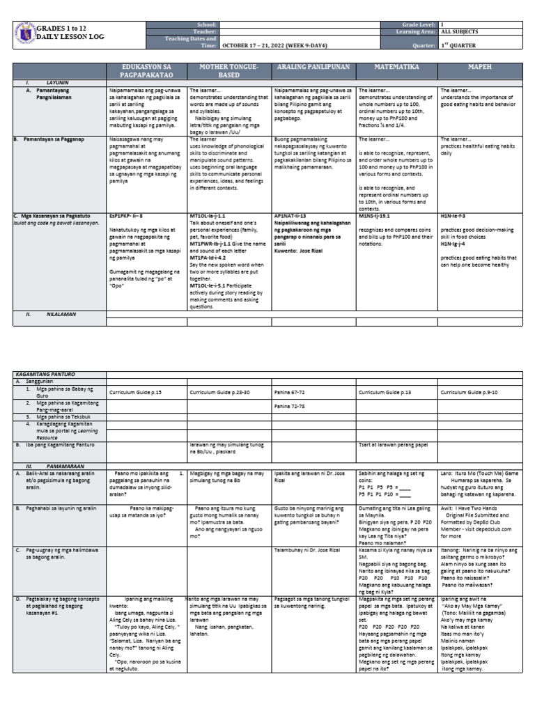 DLL - All Subjects 1 - Q1 - W9 - D4 | PDF