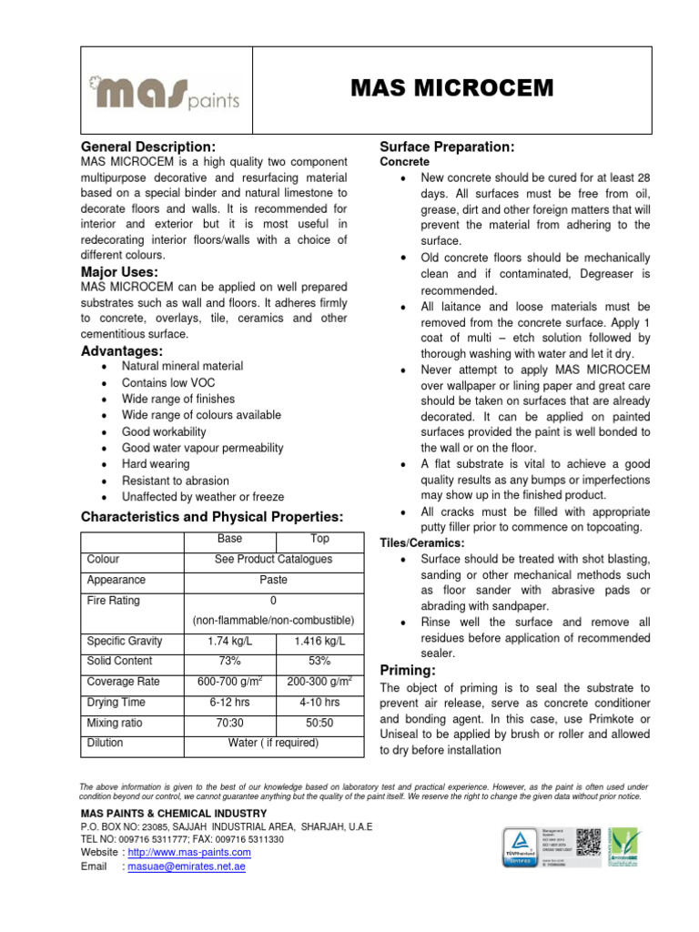 Microcem Datasheet | PDF | Concrete | Paint