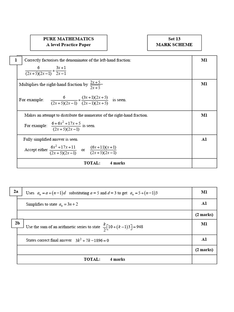 Practice Set 13 Mathematics A Level Paper 1+2 Pure Mathematics 1+2 Mark Scheme | PDF | Prime ...