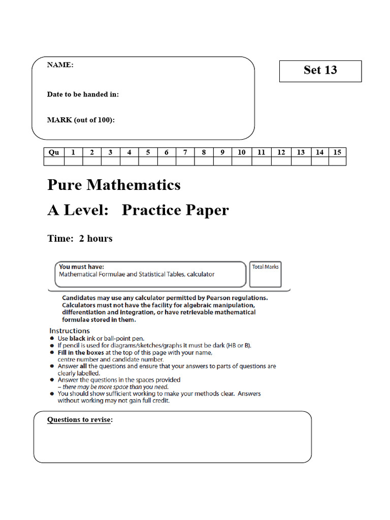 Practice Set 13 Mathematics A Level Paper 1+2 Pure Mathematics 1+2 ...