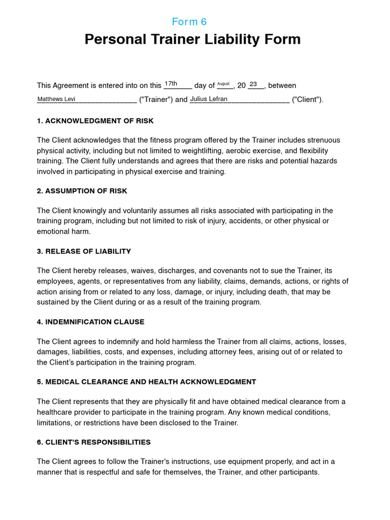 Personal Trainer Liability Waiver | PDF | Indemnity | Personal Trainer