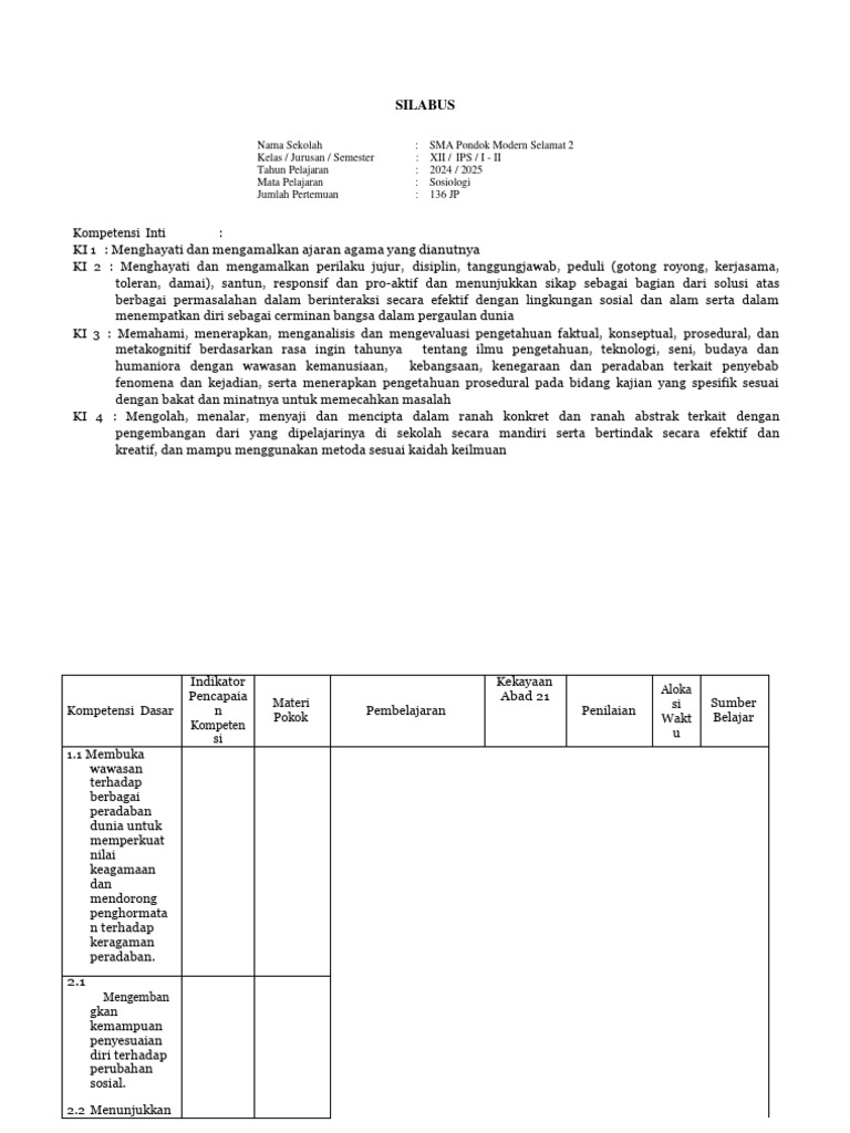 Silabus Sosiologi SMA 2024/2025 | PDF