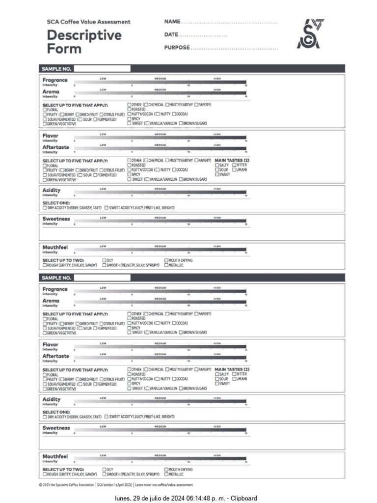 Formulario SCA 01 | PDF | Taste | Food Science