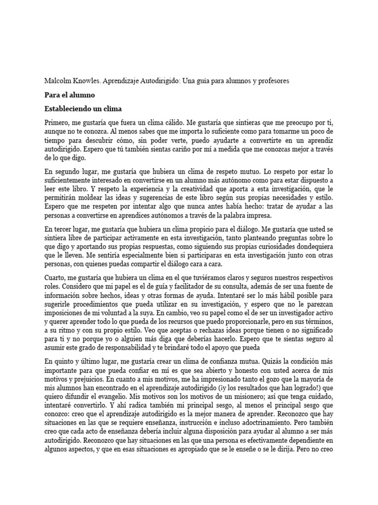 Malcolm Knowles SDL A Guide For Learners and Teacher | PDF ...