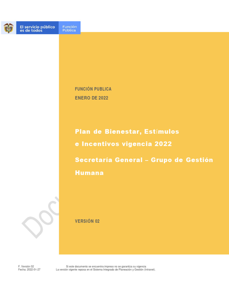 Plan de Bienestar e Incentivos 2022 | PDF | Planificación | Bienestar