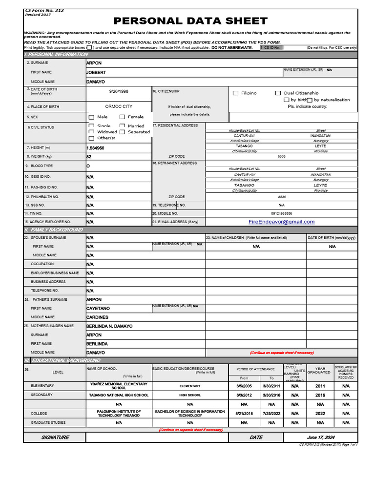 Personal Data Sheet CS Form No. 212 Revised 2017 | PDF | Government ...
