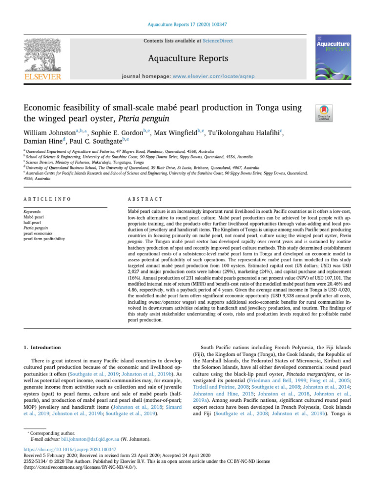 Economic Feasibility of Small-Scale Mabé Pearl Production in Tonga ...