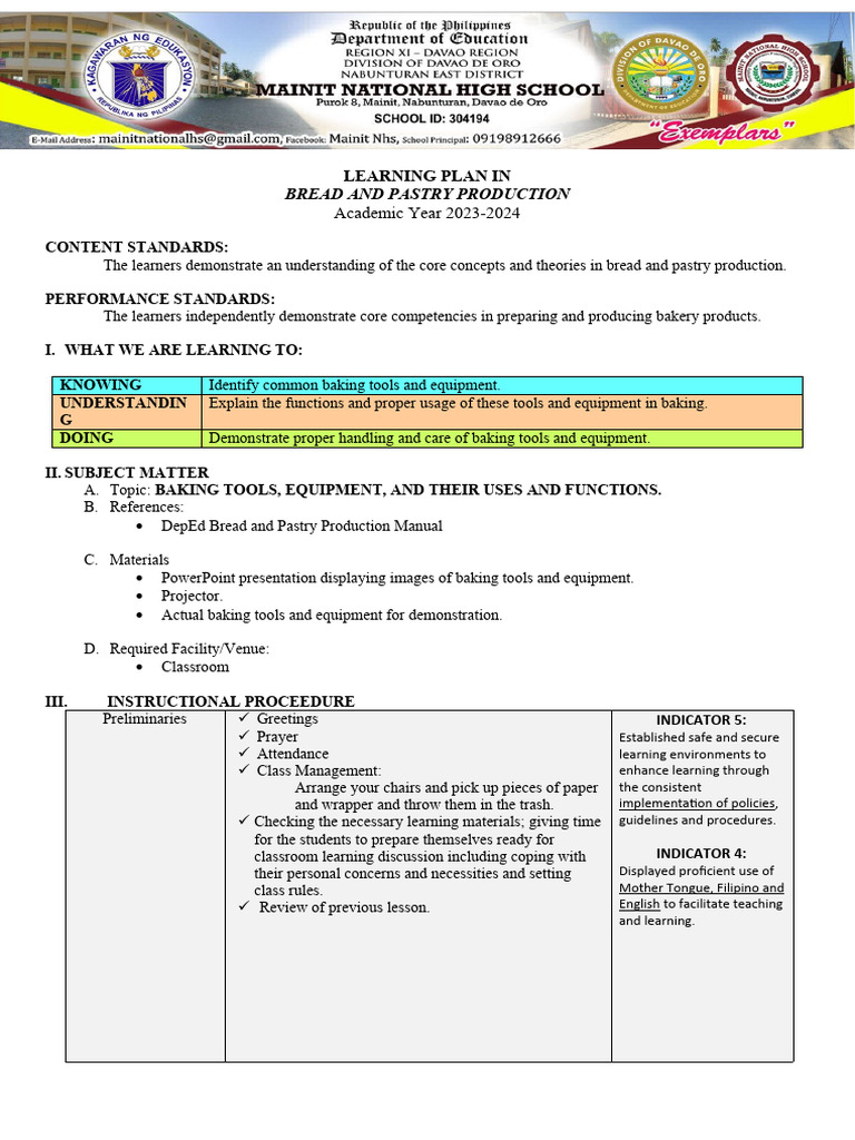 Lesson Plan-BAKING TOOLS and EQUIPMENT | PDF | Learning | Cakes