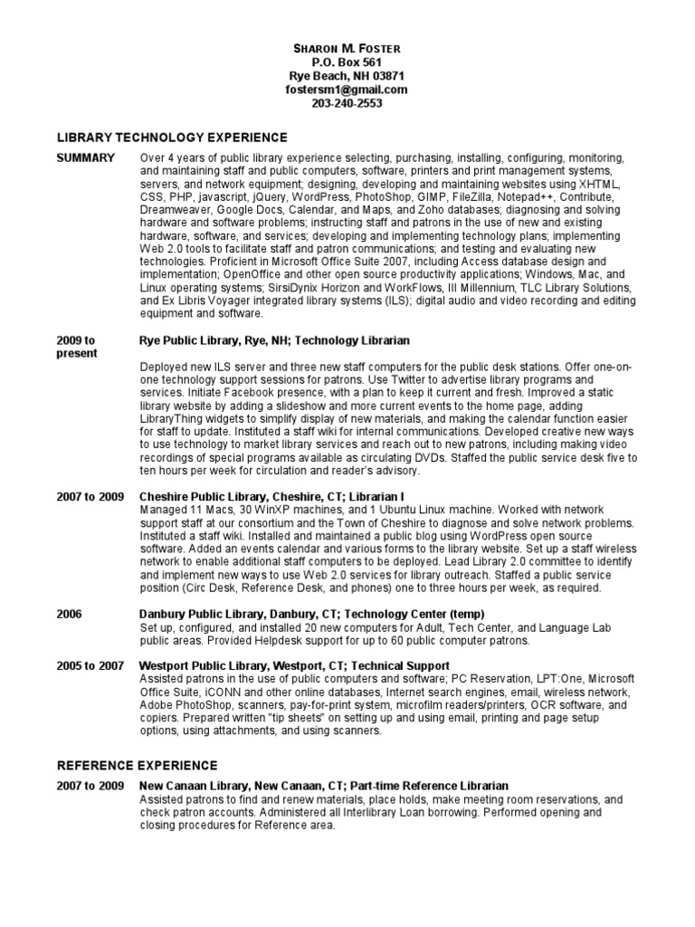 FosterS WebResume 20091209 | PDF | Libraries | Public Library