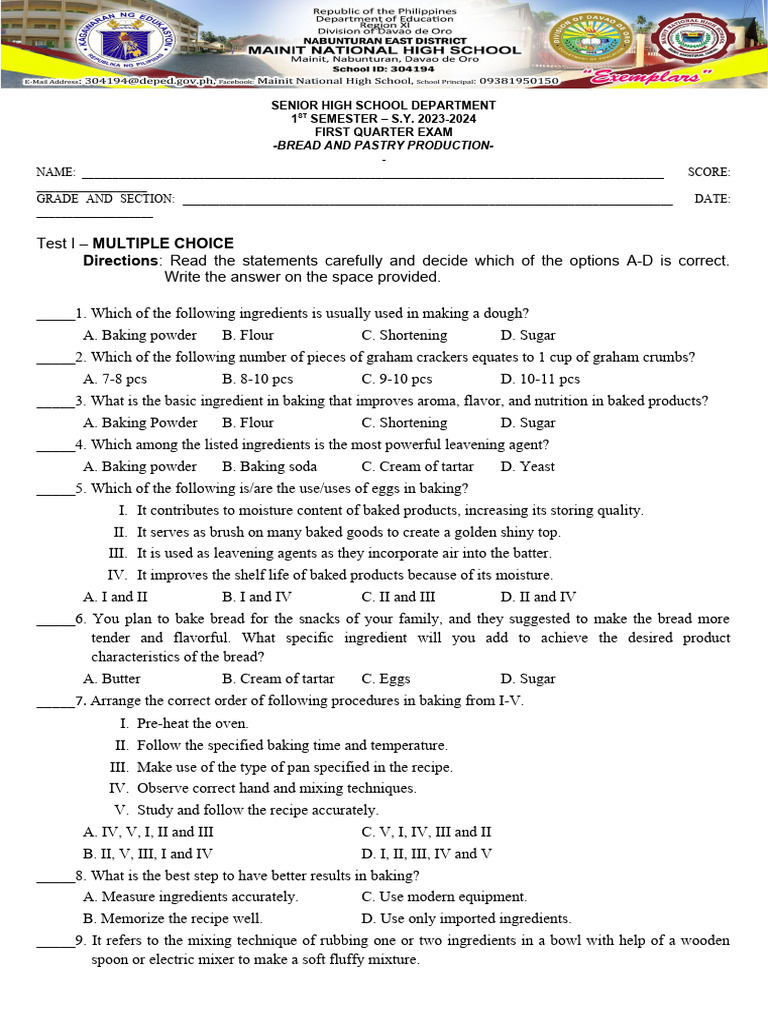 QUESTIONNAIRE-BPP-1st Quarter EXAM | PDF | Baking | Breads