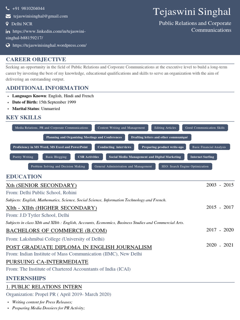 Tejaswini Singhal (IIMC) - Resume | PDF | Social Media | Popular Culture & Media Studies