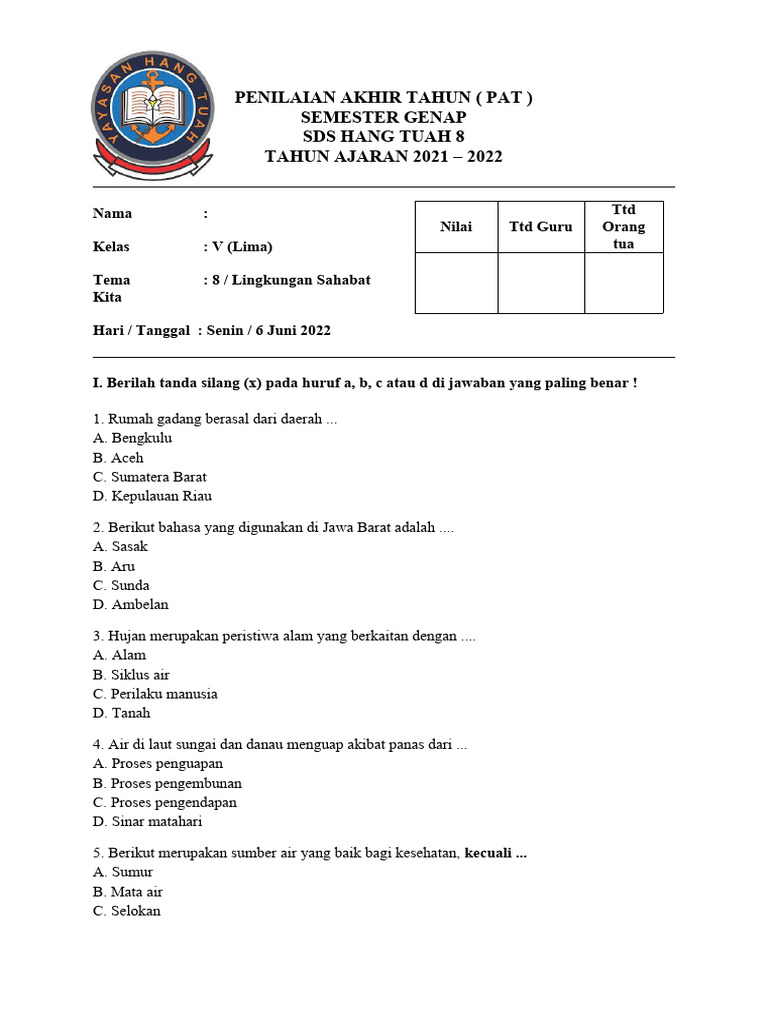 Soal Pat Tema 8 Kls 5 SMT Genap | PDF