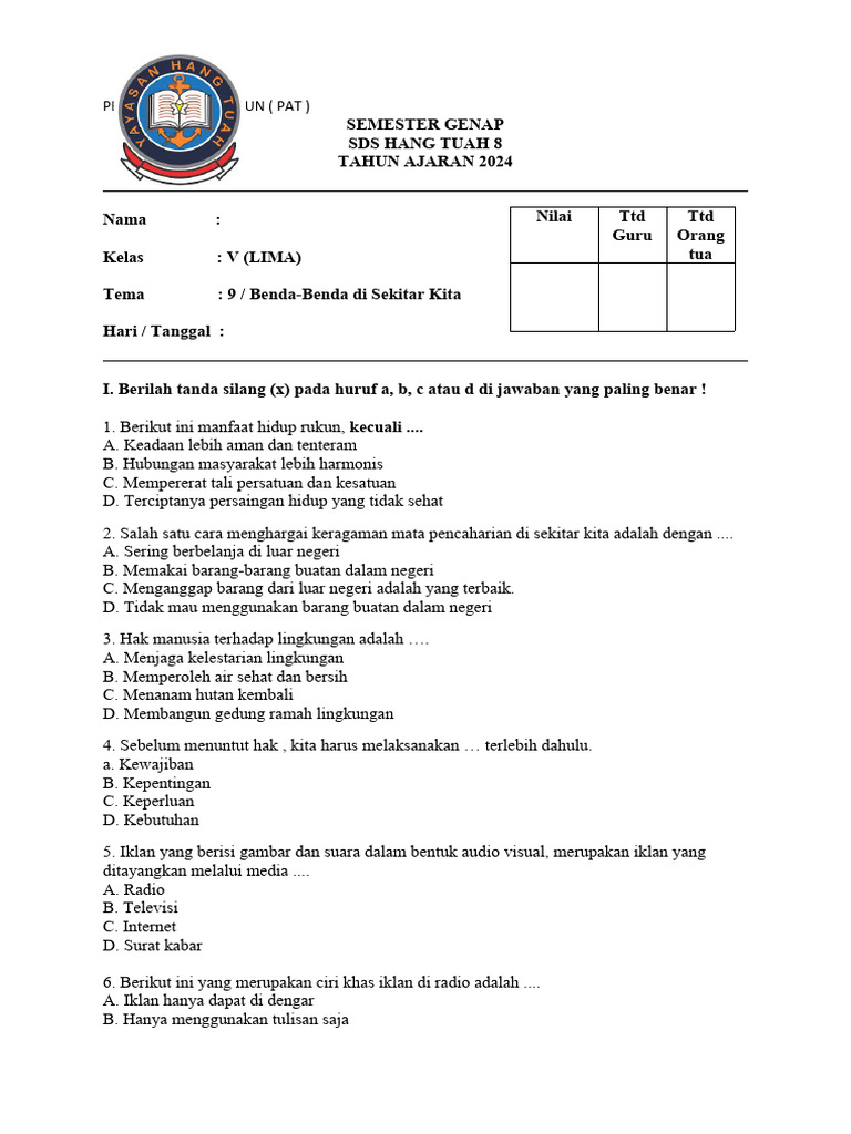 SOAL PAT TEMA 9 KLS 5 SMT GENAP Oke | PDF