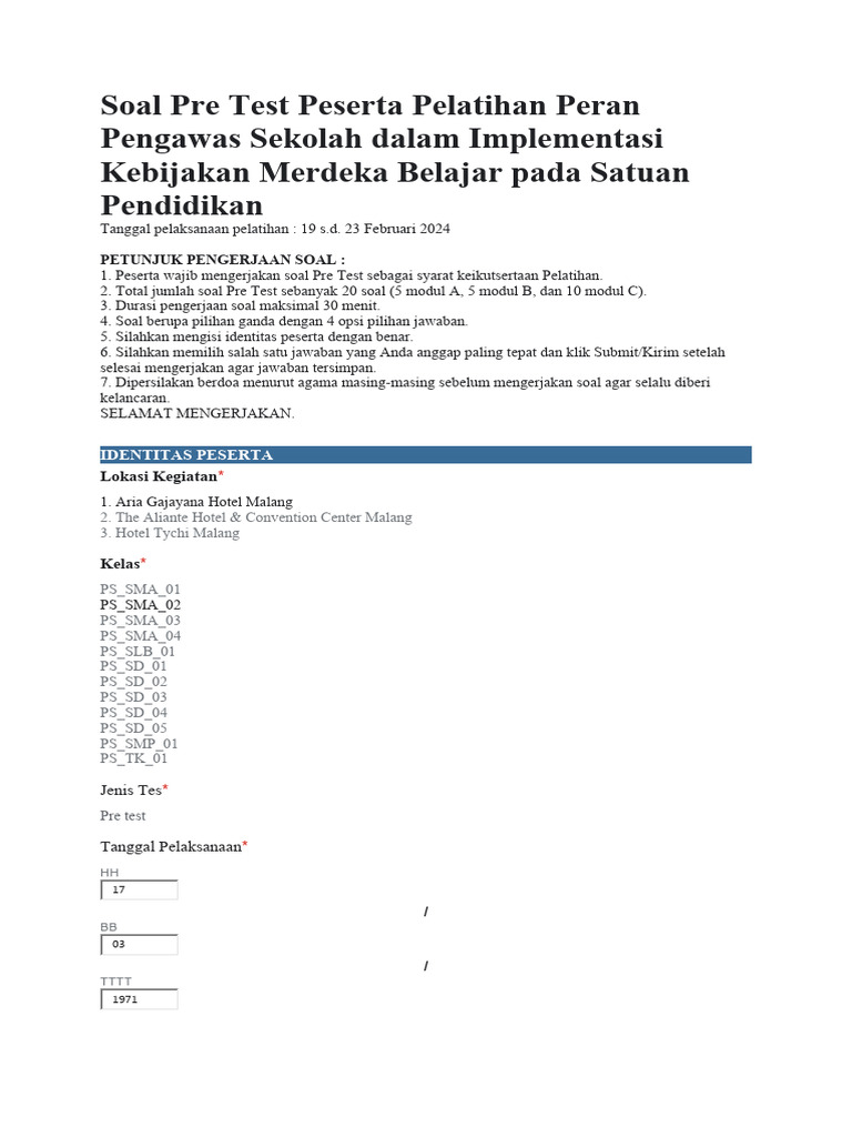 Soal Pre Test Peserta Pelatihan Peran Pengawas Sekolah Dalam ...