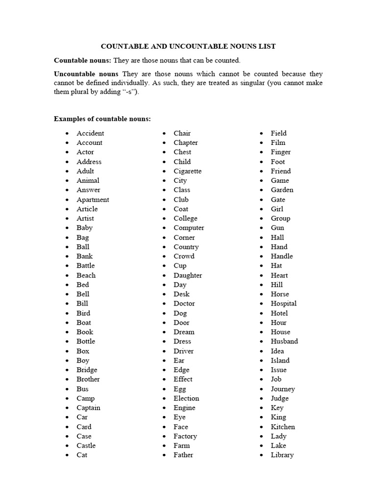 Countable and Uncountable Nouns List | PDF | Noun | Plural