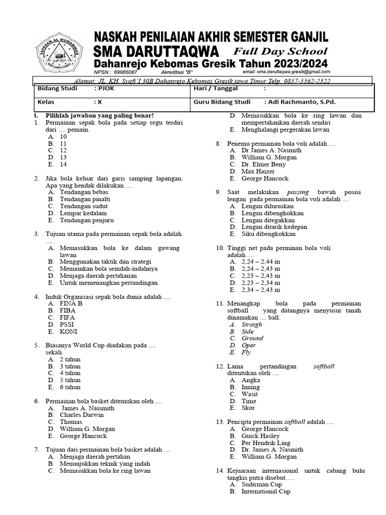 Soal Pat Pjok X | PDF