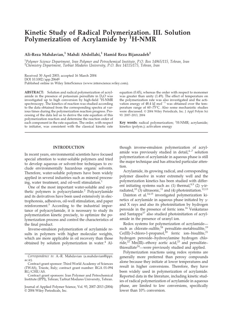 J of Applied Polymer Sci - 2004 - Mahdavian - Kinetic Study of Radical Polymerization III ...