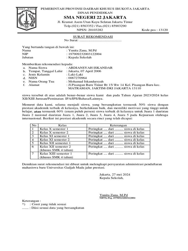 PBUB Surat Rekomendasi Kepala sekolah-2024-klaster-Olahraga-Seni | PDF