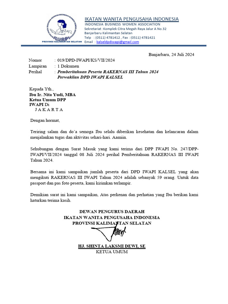 Surat Pemberitahuan Peserta RAKERNAS III IWAPI | PDF
