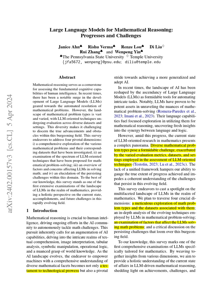 Large Language Models For Mathematical Reasoning - Progresses and Challenges | PDF | Mathematics ...