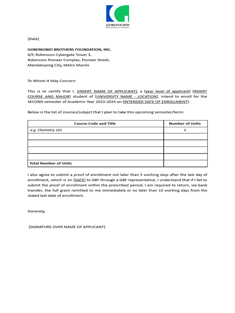 Letter of Intent To Enroll Template | PDF