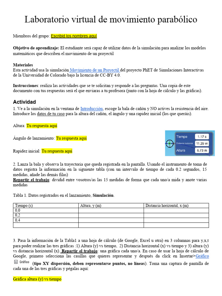 Laboratorio virtual de movimiento parabÃ³lico | PDF | Cinemática | Velocidad