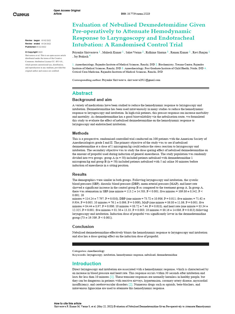 Evaluation of Nebulised Dexmed | PDF | Blood Pressure | Hemodynamics