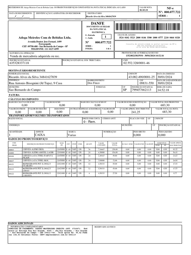 Danfe NF 000077722001 | PDF | Recibo | Documentos empresariais